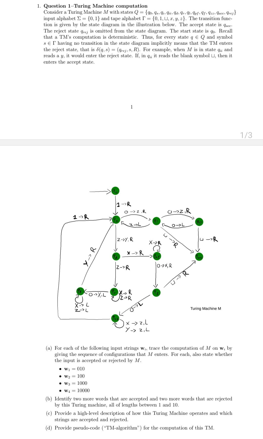 Solved Question 1-Turing Machine computationConsider a | Chegg.com