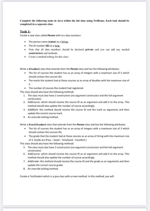 Solved Complete the following tasks in Java within the lab | Chegg.com