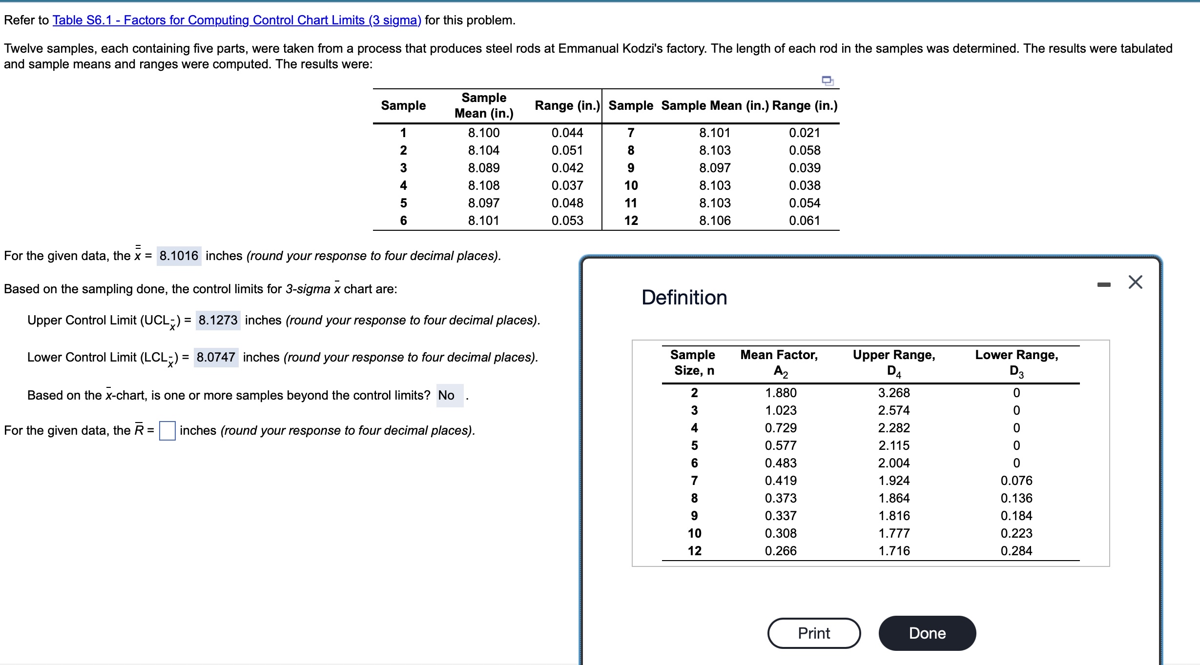 Solved Refer to Table S6.1 - ﻿Factors for Computing Control | Chegg.com