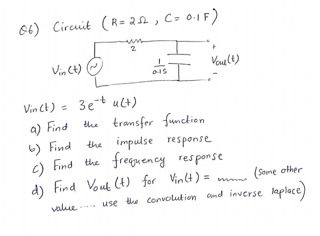 Solved Q6) Circuit (R=2Ω,C=0.1 F) Vin(t)=3e−tu(t) a) Find | Chegg.com