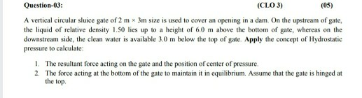 Solved Question-03: (CLO3) (05) A vertical circular sluice | Chegg.com