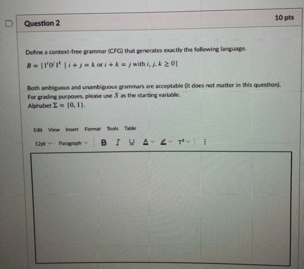 Solved 10 pts Question 2 Define a context-free grammar (CFG) | Chegg.com