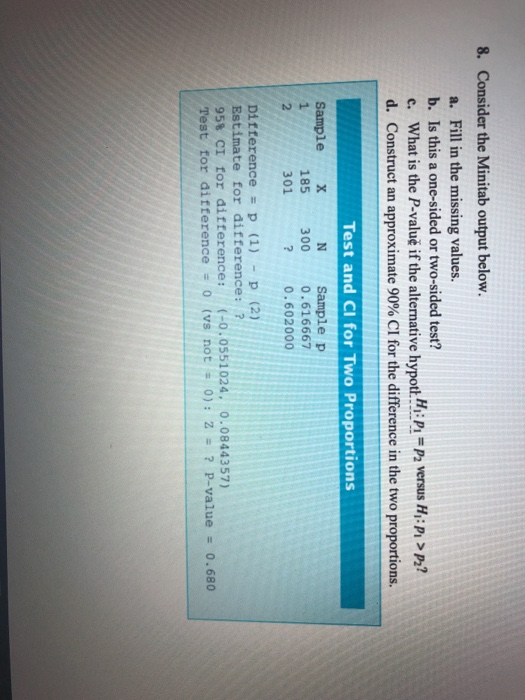 Solved 8. Consider the Minitab output below. a. Fill in the | Chegg.com