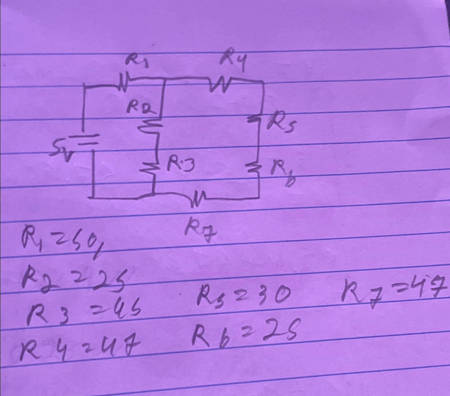 R1=50,R2=25R3=45,R3=30,R7=47R4=47,R6=25, ﻿V=5vFind | Chegg.com