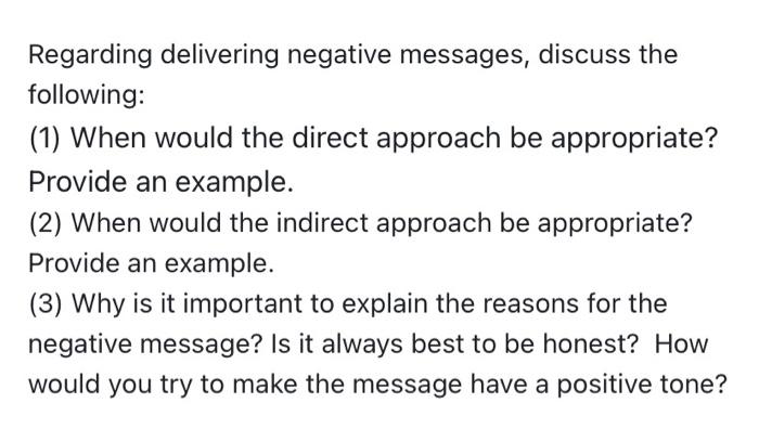 Solved Regarding delivering negative messages, discuss the | Chegg.com