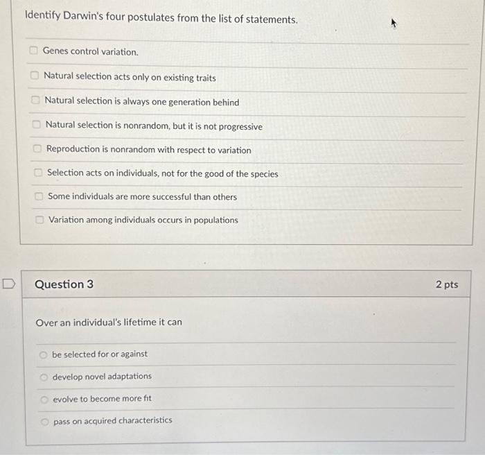 Solved Identify Darwin's four postulates from the list of | Chegg.com