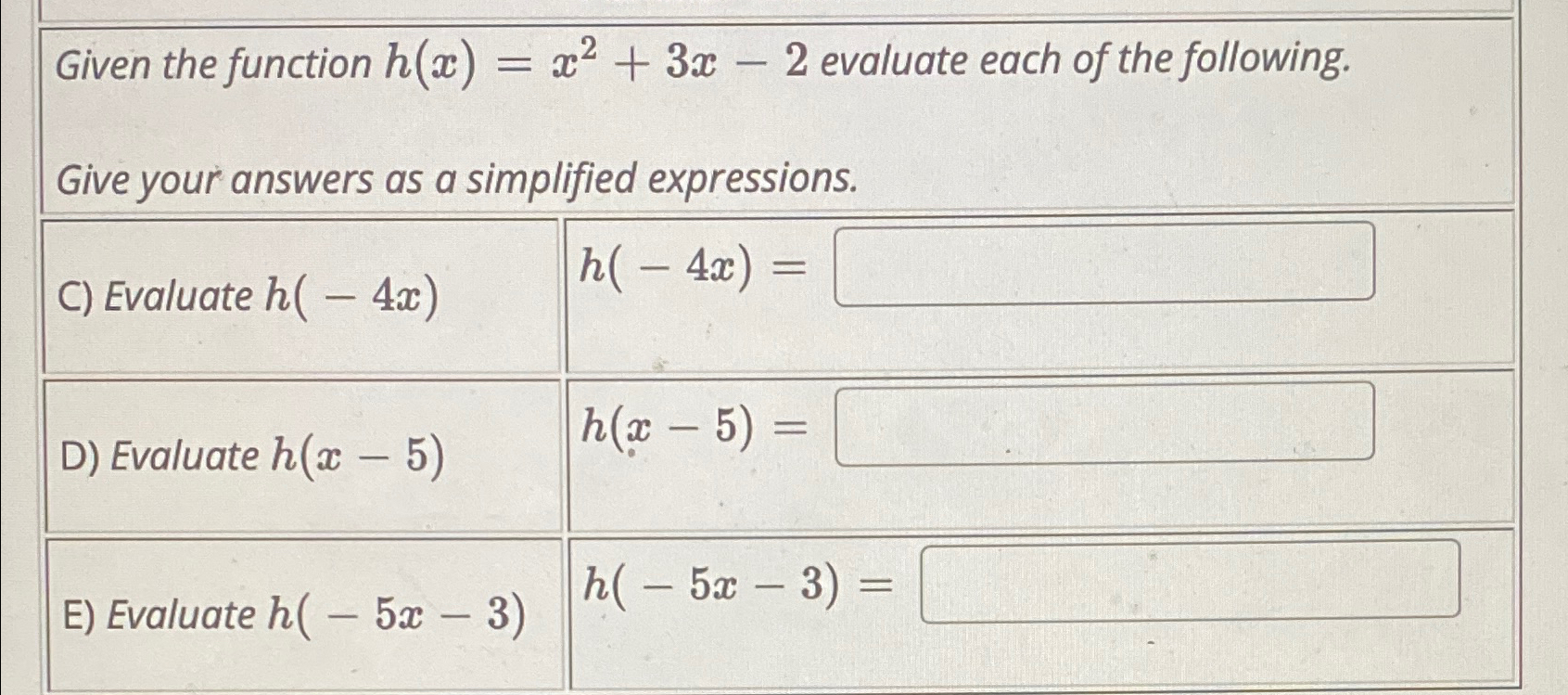 Solved Given the function h(x)=x2+3x-2 ﻿evaluate each of the | Chegg.com
