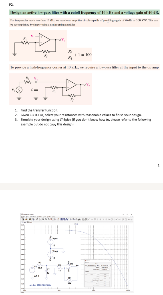 Solved Design an active low-pass filter with a cutoff | Chegg.com