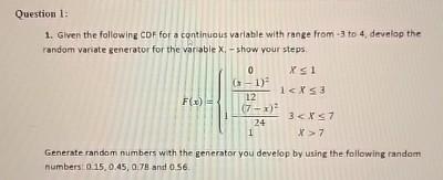 Solved Question 1:Given the following CDF ﻿for a continuous | Chegg.com