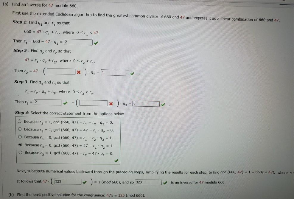 Solved (a) Find an inverse for 47 modulo 660. First use the | Chegg.com
