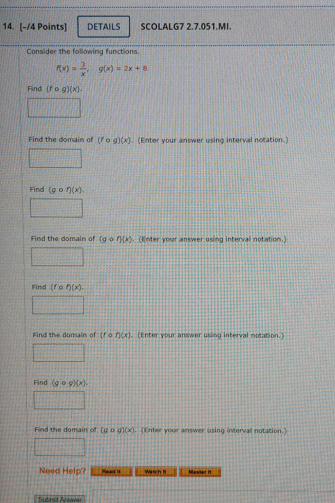 Solved DETAILS SCOLALG7 2.4.015. h(t) = 2t² = t; t = 5, t = | Chegg.com
