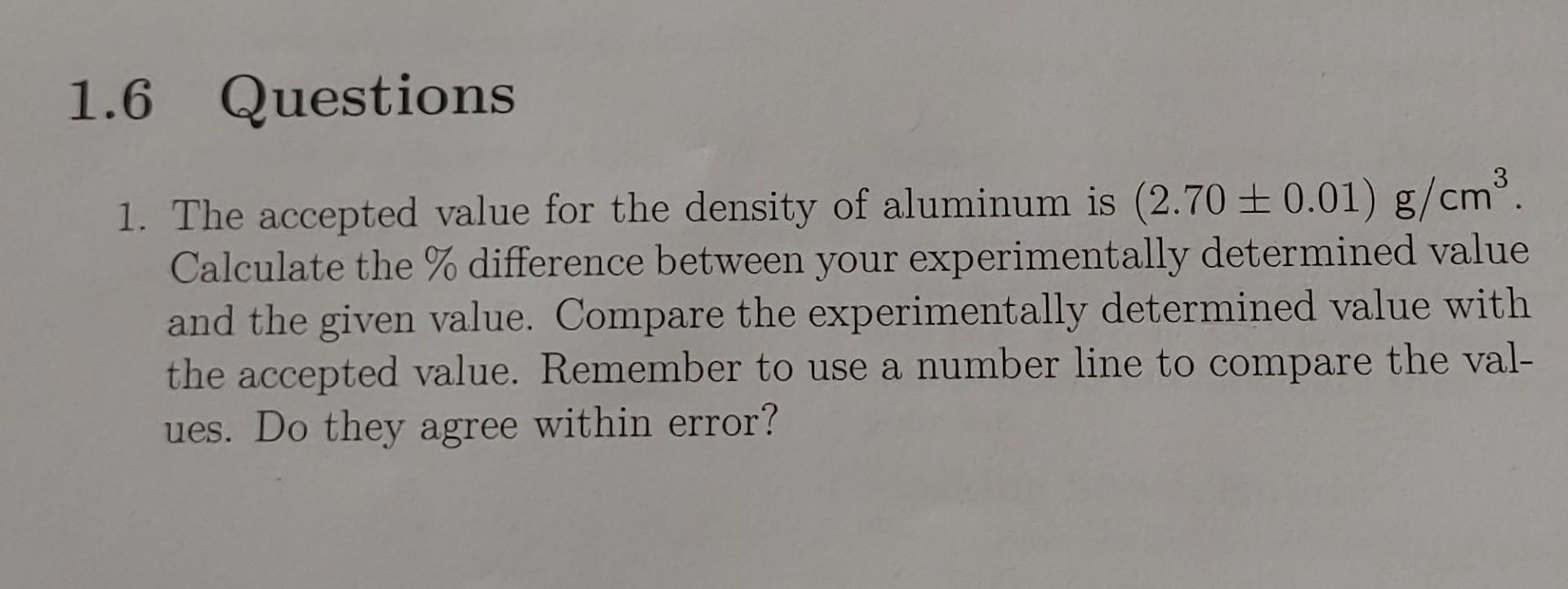 Solved 1. The accepted value for the density of aluminum is | Chegg.com