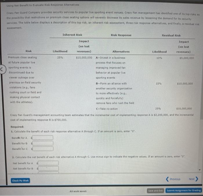 Solved Using Net Benefit to Evaluate Risk Response | Chegg.com