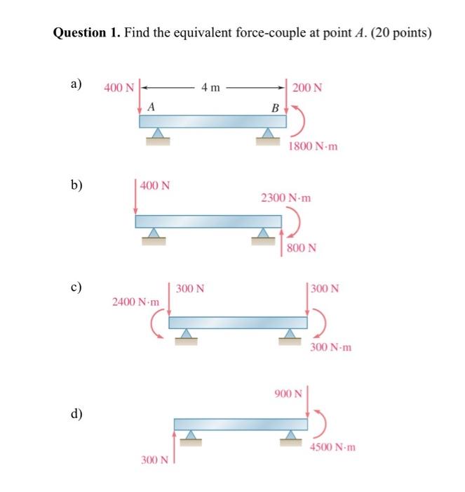 Solved Question 1. Find the equivalent force-couple at point | Chegg.com