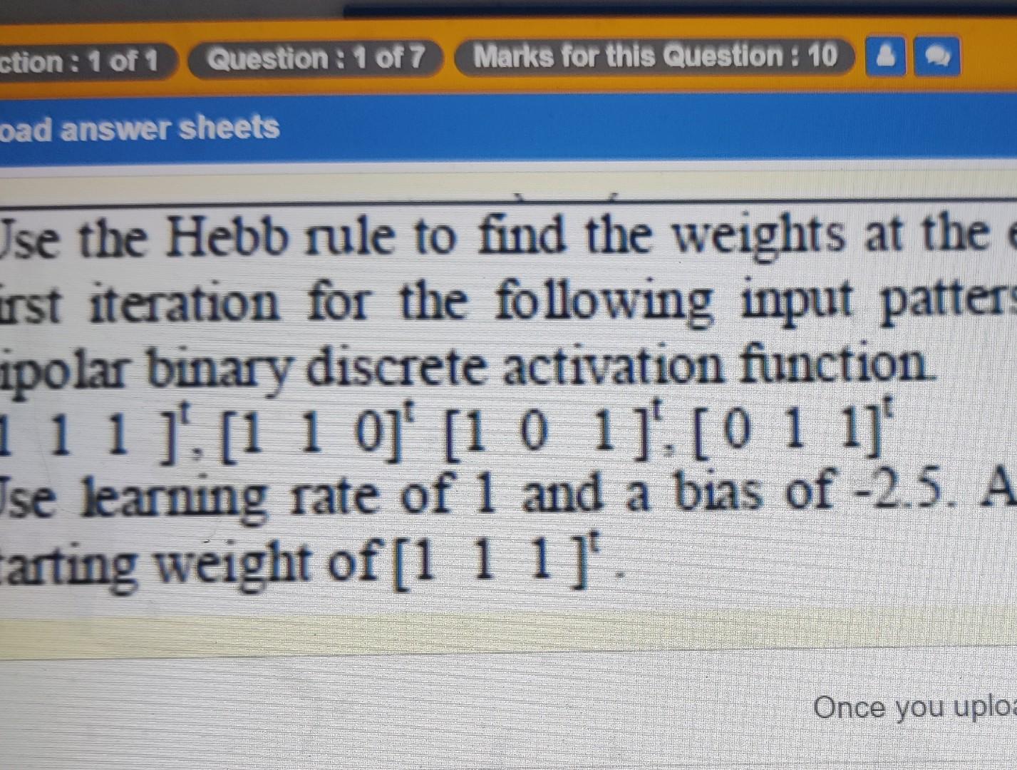 Solved Use the Hebb rule to find the weights at the end of | Chegg.com