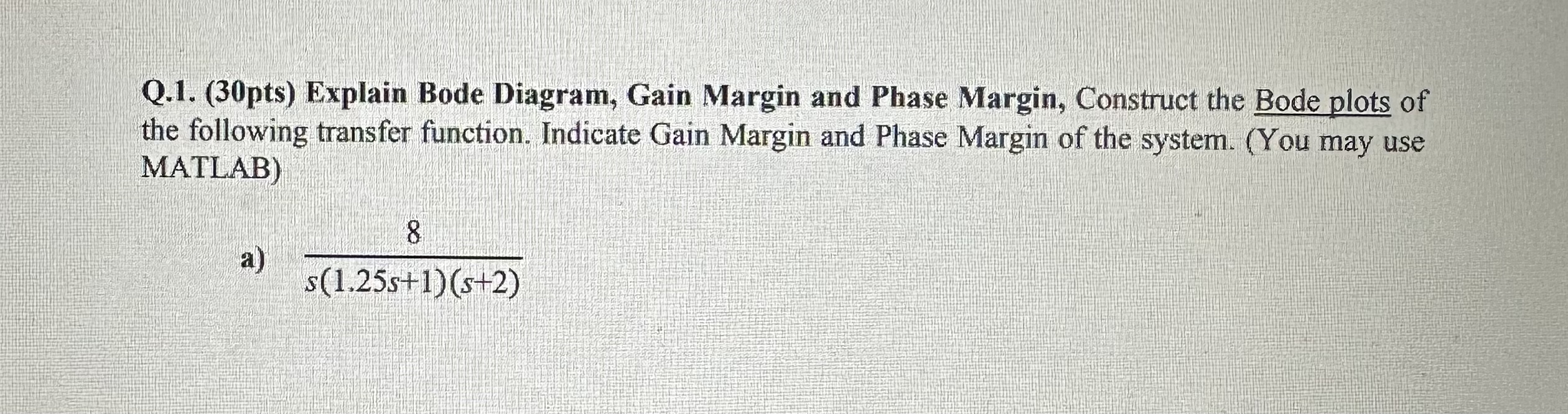 Solved Q.1. (30pts) ﻿Explain Bode Diagram, Gain Margin and | Chegg.com