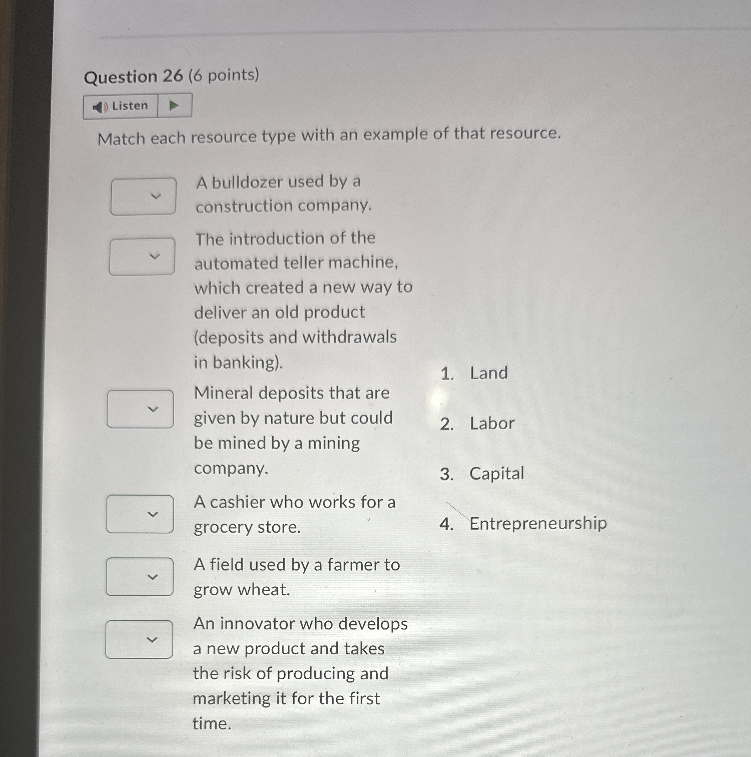 Solved Question 26 (6 ﻿points)Match each resource type with | Chegg.com