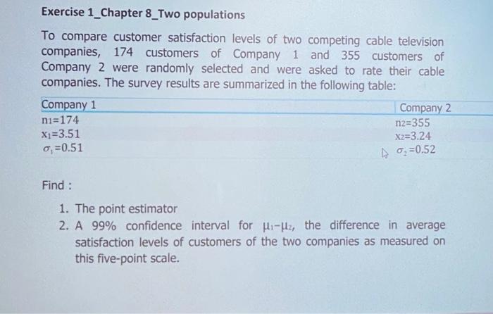 Solved Exercise 1_Chapter 8_Two populations To compare | Chegg.com