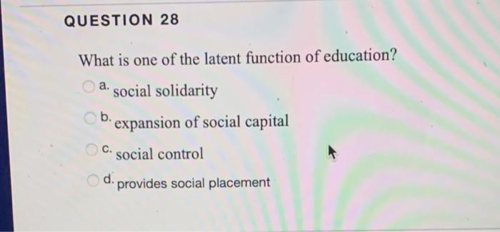 Solved What is one of the latent function of education? a. | Chegg.com