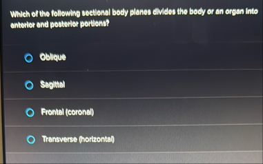 Solved Which of the following soetlonal body planes divides | Chegg.com