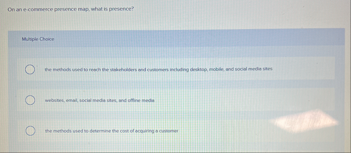 Solved On an e-commerce presence map, what is | Chegg.com