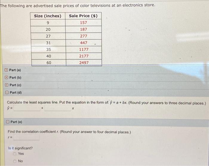 Solved Part (c) Part (d) Calculate the least squares line. | Chegg.com