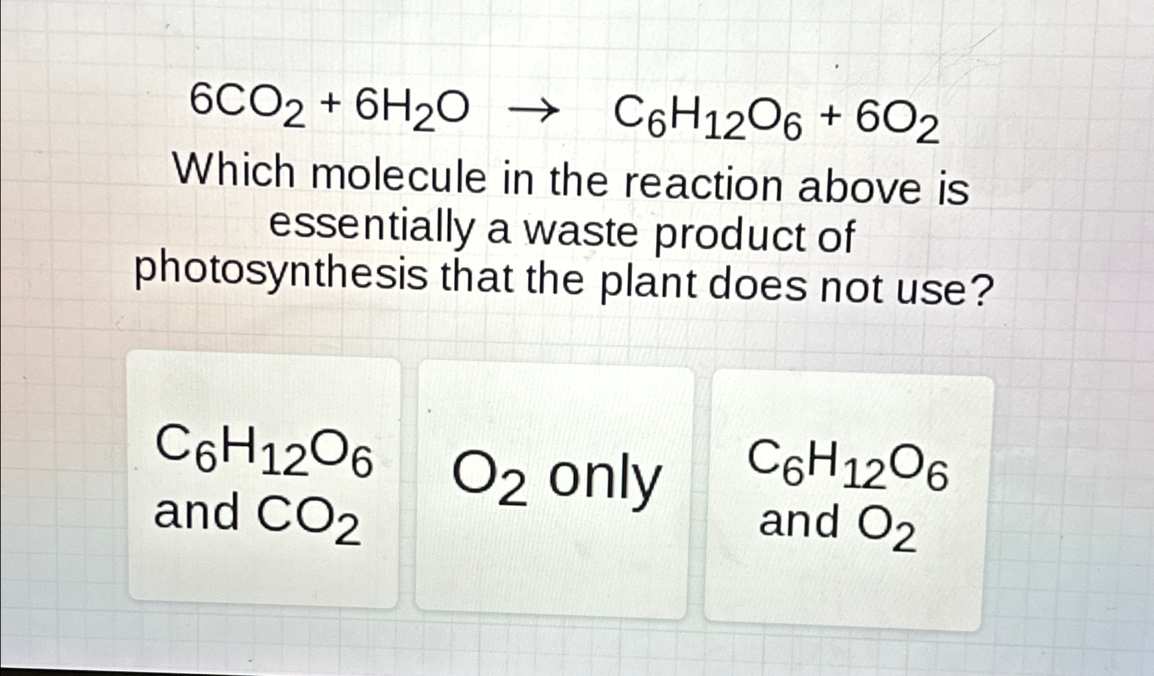 Solved 6CO2+6H2O→C6H12O6+6O2Which molecule in the reaction | Chegg.com