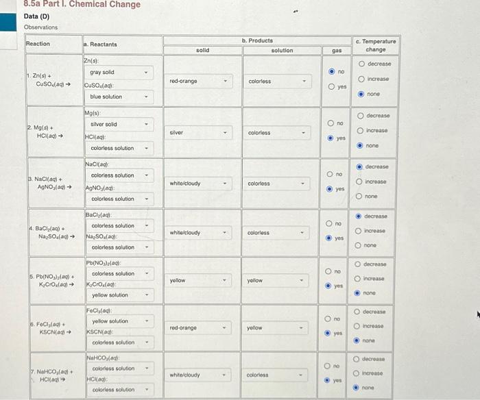 8.5a Part I. Chemical Change8.5b Part II. Physical | Chegg.com