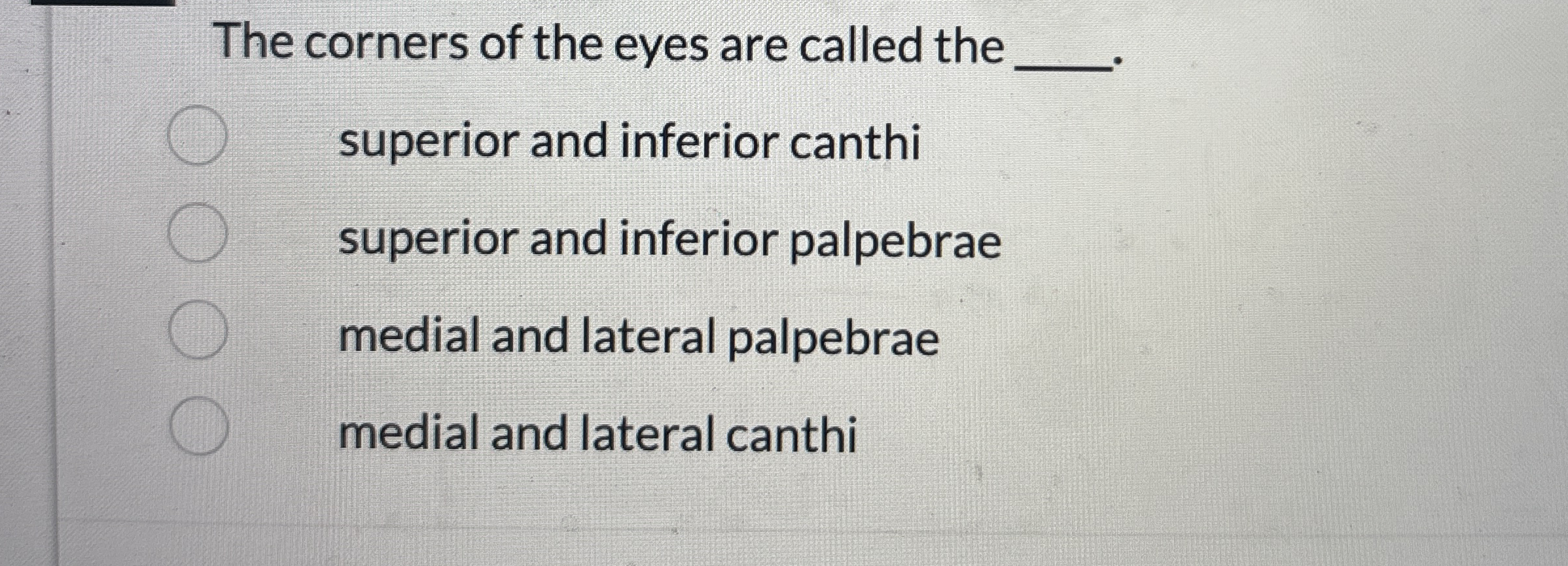 Solved The corners of the eyes are called thesuperior and | Chegg.com
