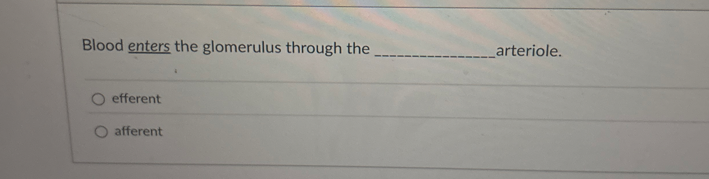 Solved Blood enters the glomerulus through the | Chegg.com