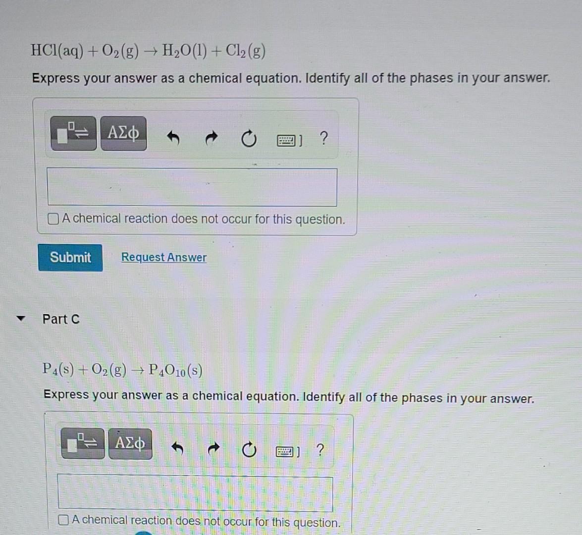 Solved HCl(aq) + O2(g) H2O(1) + Cl2(g) Express your answer | Chegg.com
