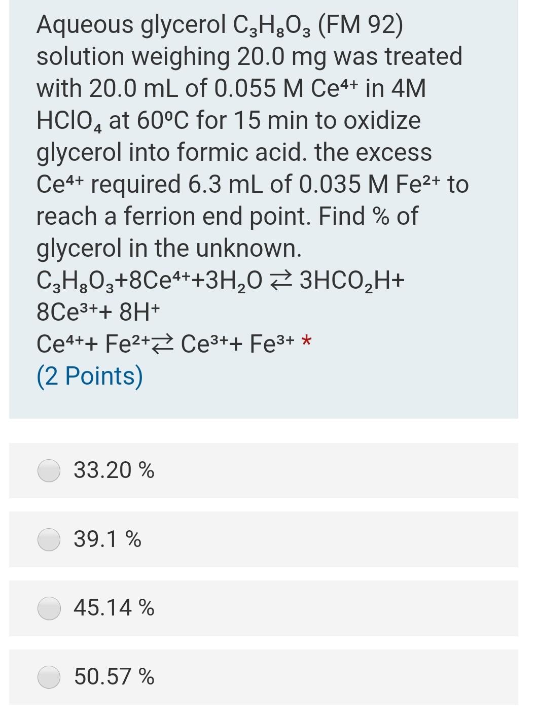 Solved Aqueous glycerol C3H2O3 (FM 92) solution weighing | Chegg.com