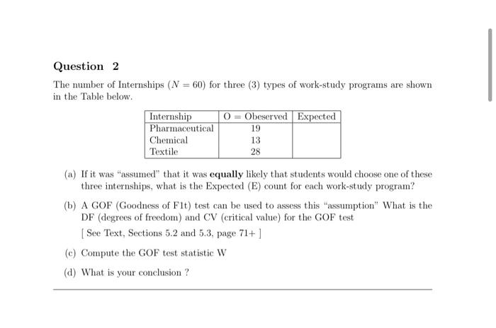 Solved The number of Internships (N=60) for three (3) types | Chegg.com