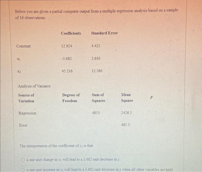Solved Below you are given a partial computer output from a | Chegg.com