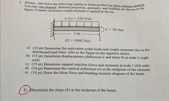 Solved 2. (Points - 60) Solve the following cantilever beam | Chegg.com