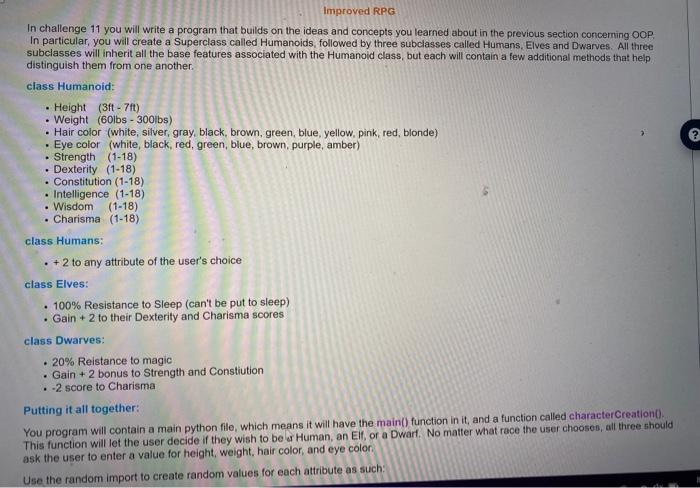 Solved Improved RPG In challenge 11 you will write a program | Chegg.com