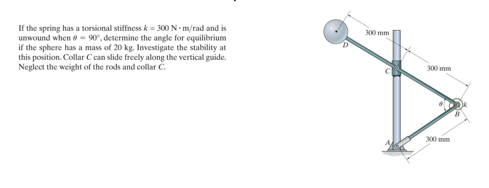Solved If the spring has a torsional stiffness k=300N*mrad | Chegg.com