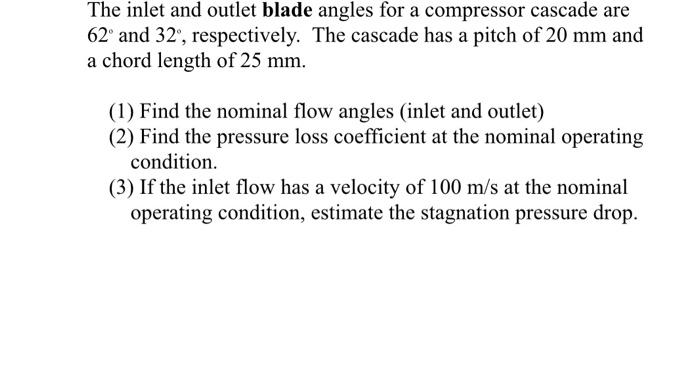 Solved The inlet and outlet blade angles for a compressor | Chegg.com