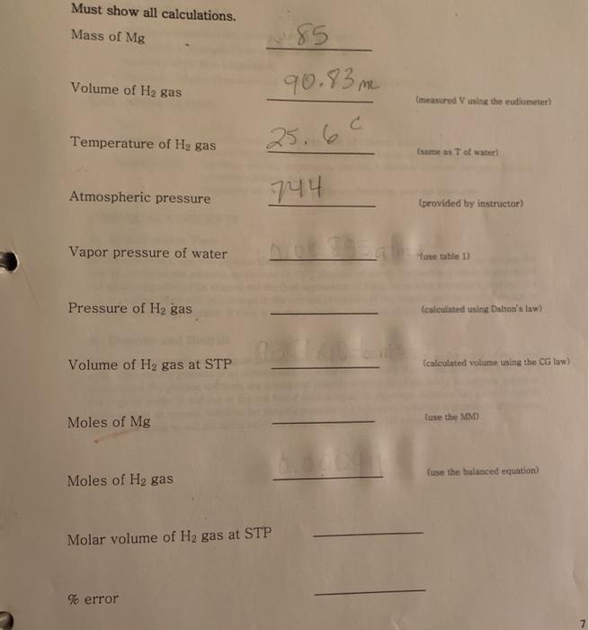 Solved Must show all calculations. Mass of Mg 85 Volume of | Chegg.com