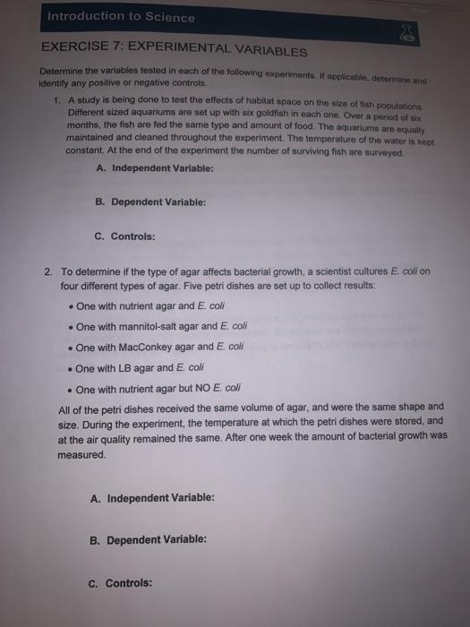 Solved Introduction to Science EXERCISE 7: EXPERIMENTAL | Chegg.com