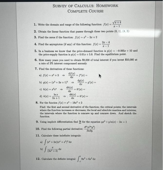 Solved SURVEY OF CALCULUS: HOMEWORK COMPLETE COURSE 1. Write | Chegg.com