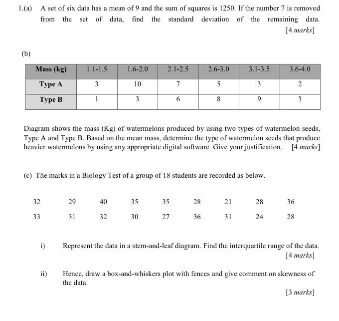 Solved 1.(a) A set of six data has a mean of 9 and the sum | Chegg.com