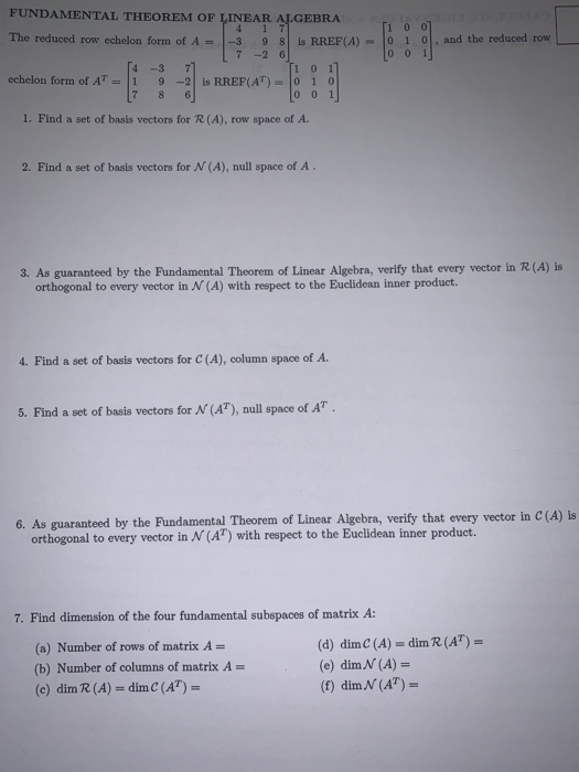 Solved FUNDAMENTAL THEOREM OF LINEAR ALGEBRA 4 1 7 The | Chegg.com