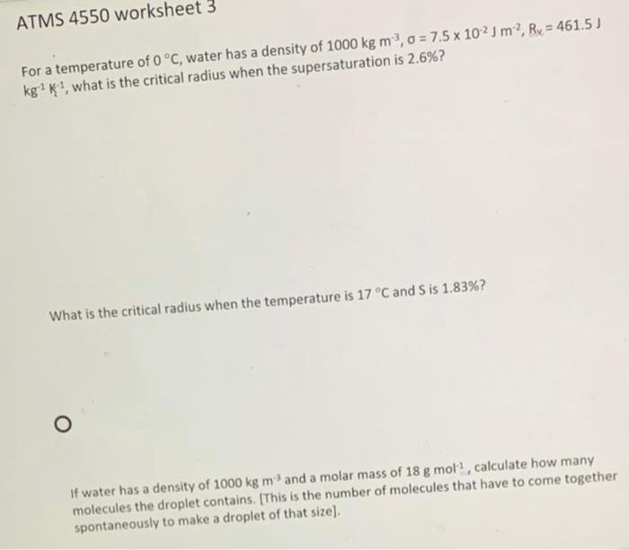 Solved ATMS 4550 worksheet 3 For a temperature of 0 °C, | Chegg.com