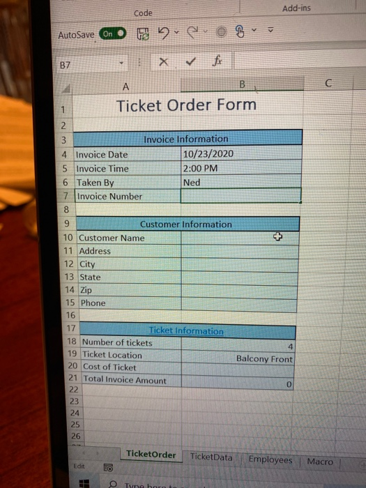 Solved Add a formula to cell B7 that creates an Invoice | Chegg.com