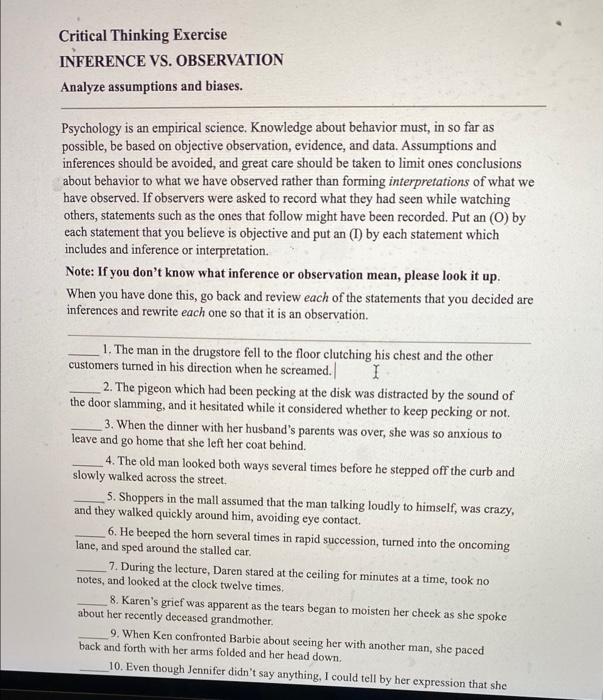 Solved Critical Thinking Exercise INFERENCE VS. OBSERVATION | Chegg.com