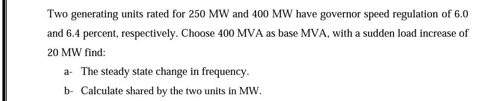 Solved Two generating units rated for 250MW and 400MW have | Chegg.com
