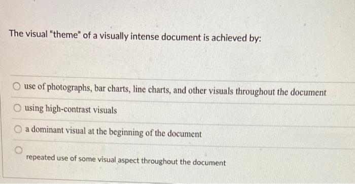 Solved The visual "theme" of a visually intense document is | Chegg.com