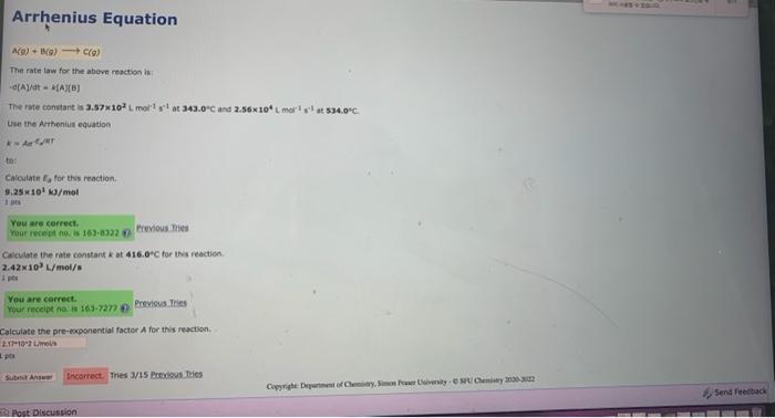 Solved Arrhenius Equation A(g)+1 g(g) C(θ) The rate law for | Chegg.com