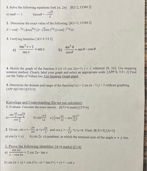 1. Solve the following equations for ∈[π,2π] : [KU 2, | Chegg.com